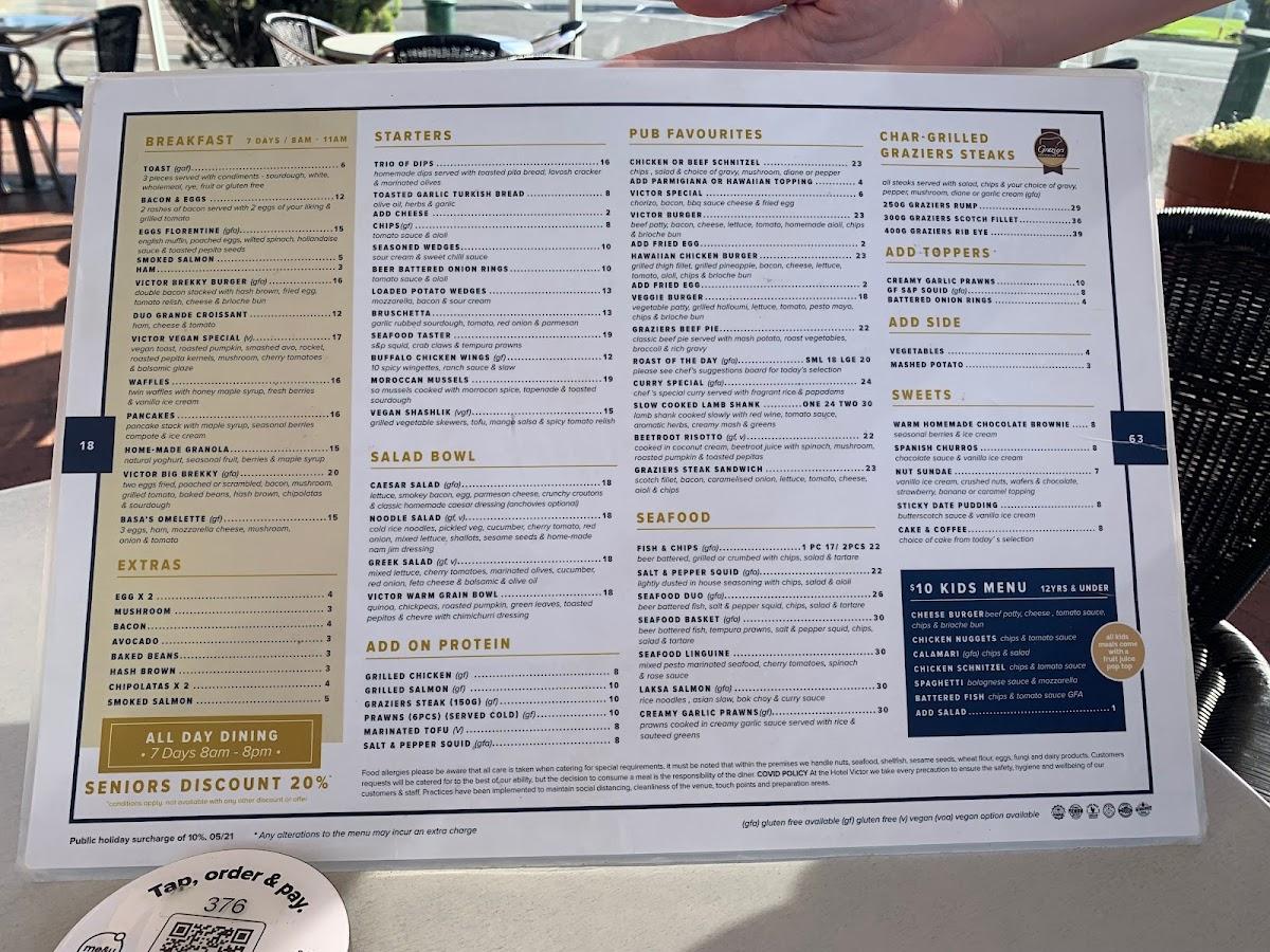 Menu at Hotel Victor pub & bar, Victor Harbor, 1 Albert Pl