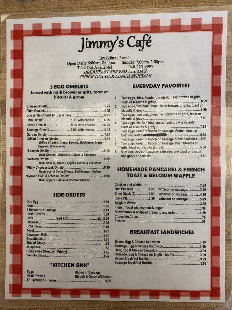 Menu at Jimmy's Cafe, Mineral Wells