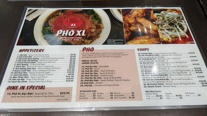 Menu at PHO XL restaurant, Mississauga