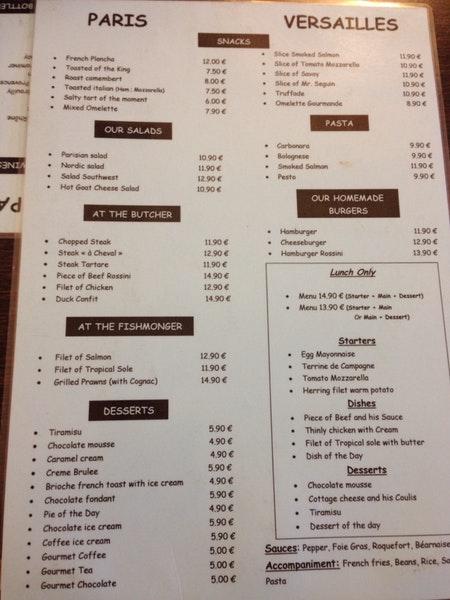 Menu at Le Paris Versailles restaurant, Versailles