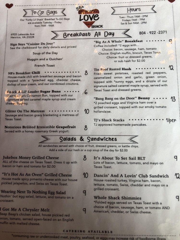 Menu at SB's Lakeside Love Shack restaurant, Richmond