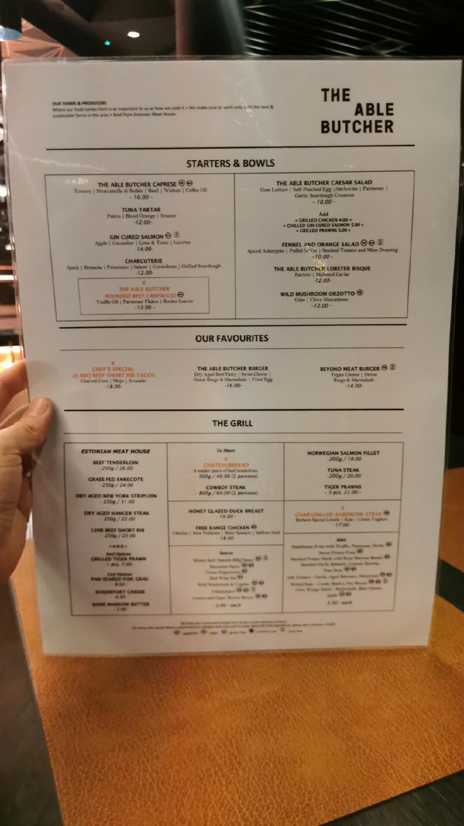 Carta del restaurante The Able Butcher, Tallin