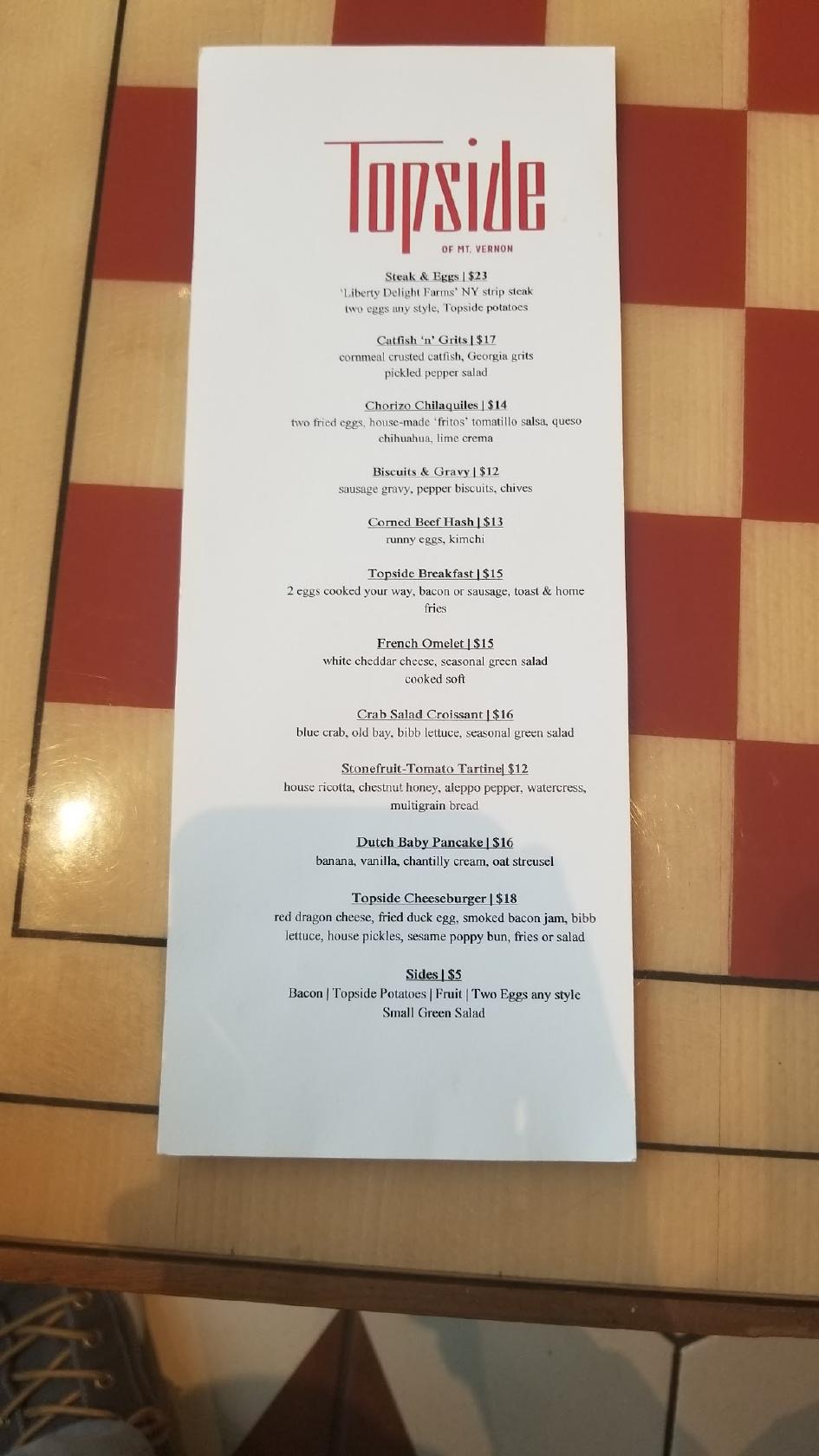 Menu at Topside restaurant, Baltimore, 101 W Monument St