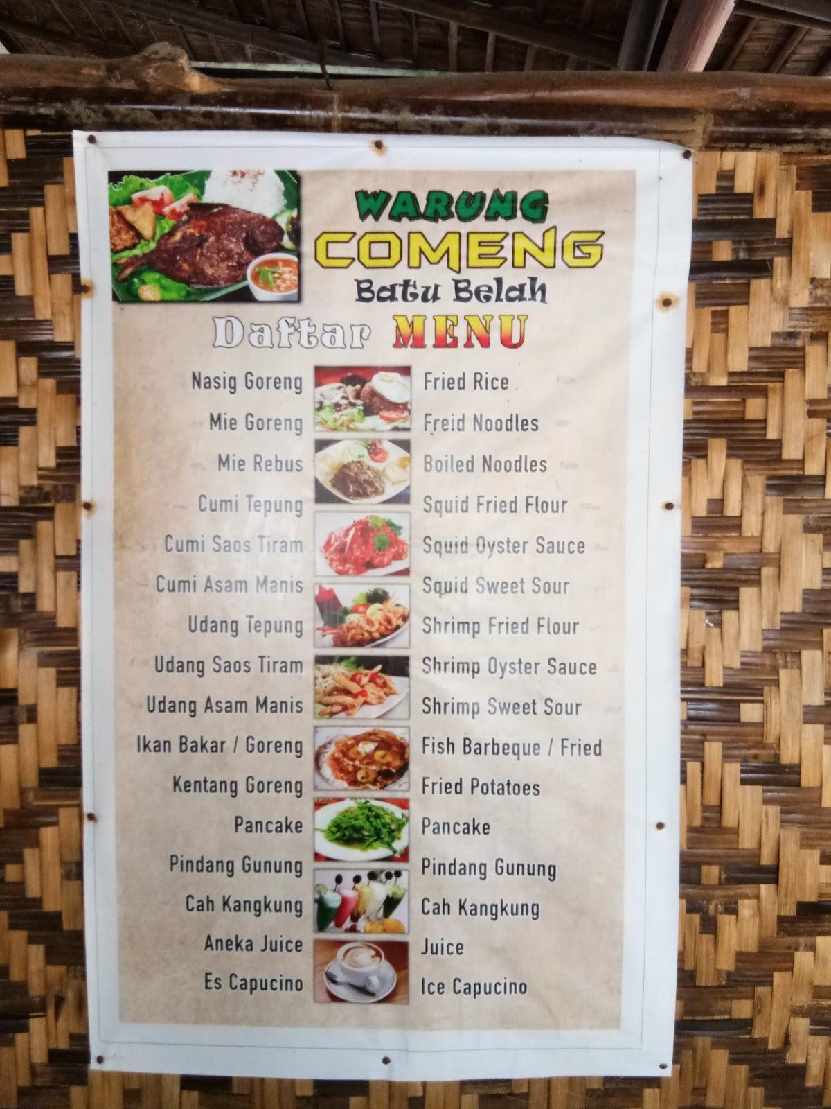Menu at Warung Comeng cafe, Batukaras