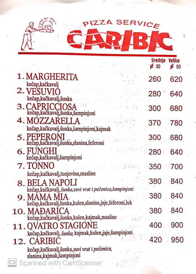 Menu at picerija caribic restaurant, Šabac