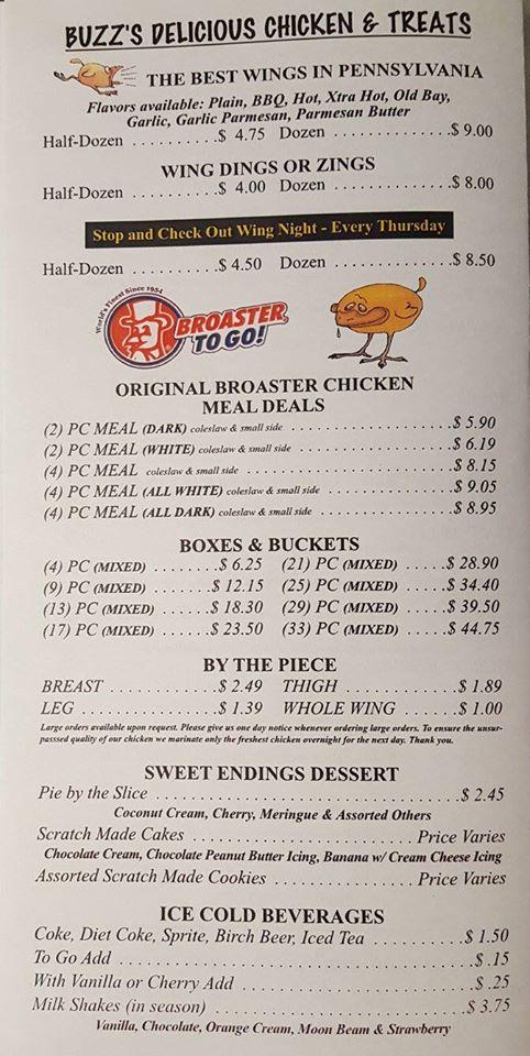 Menu at Buzz's Subs pizzeria, Watsontown