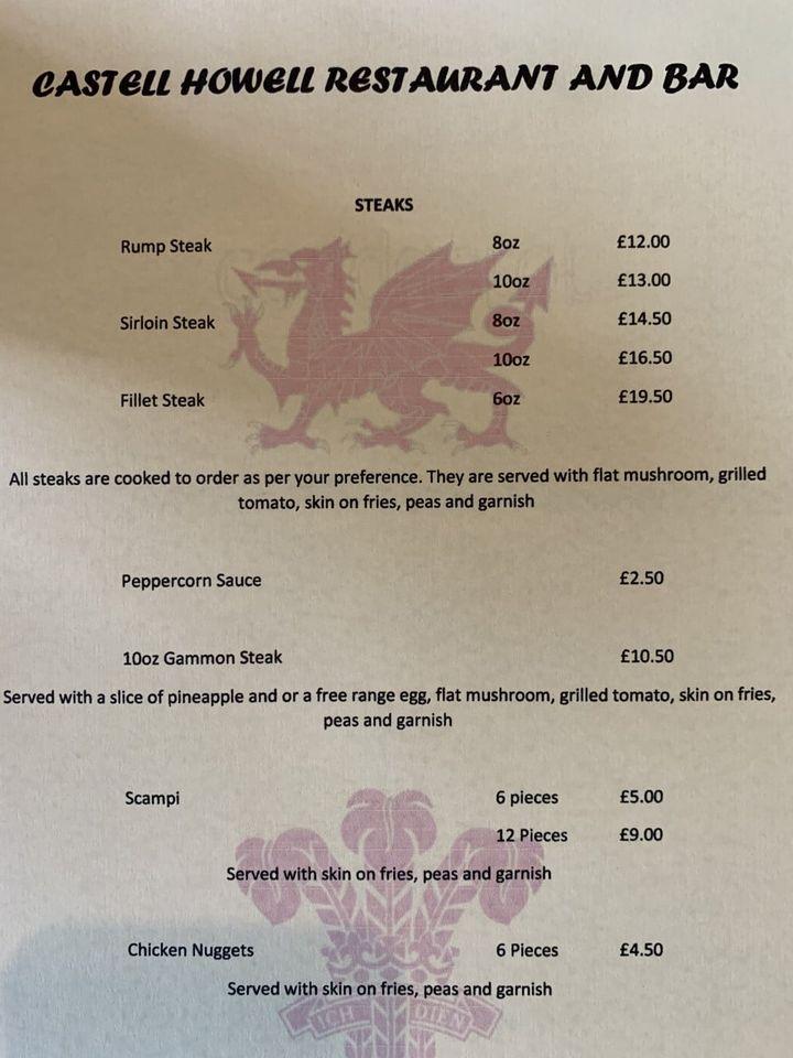 Menu at Castell Howell Leisure Centre & bar, England
