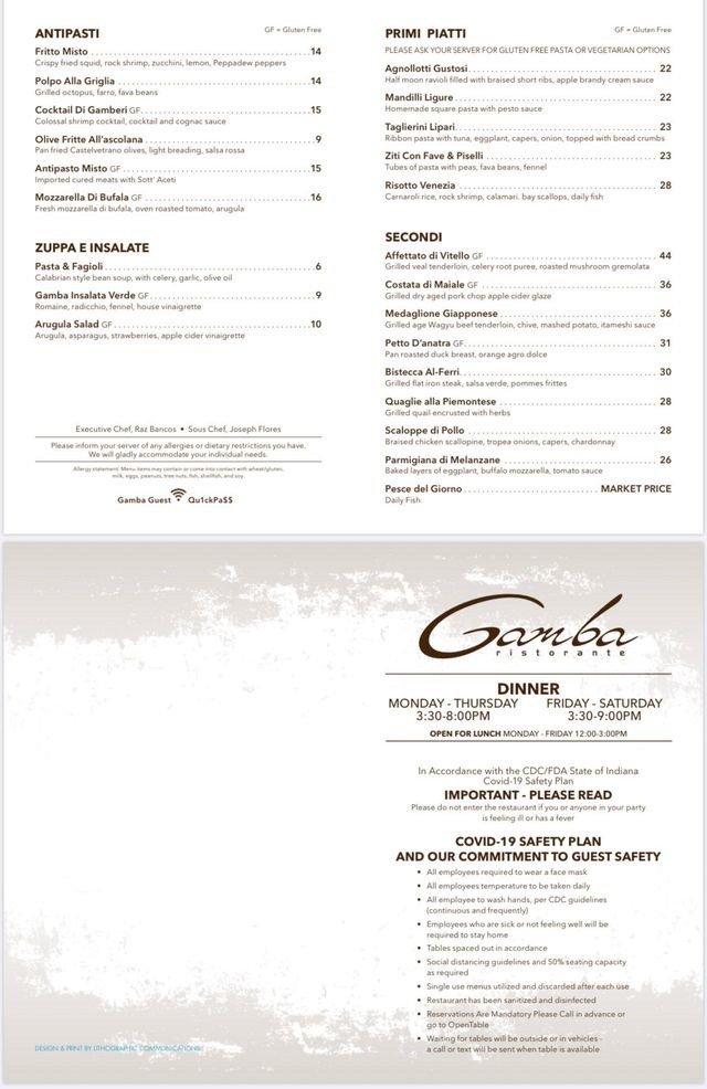 Menu at Gamba Ristorante steakhouse, Merrillville