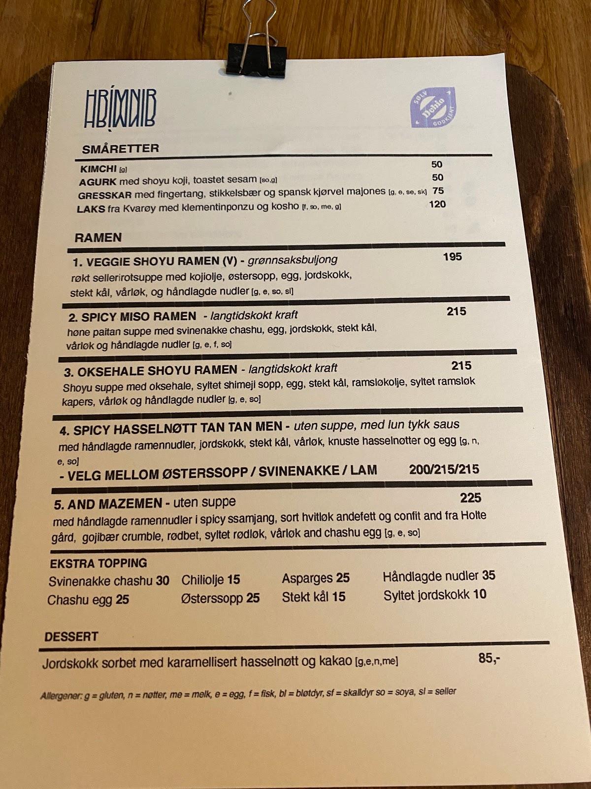 Menu at Hrimnir Ramen restaurant, Oslo, Maridalsveien 9A