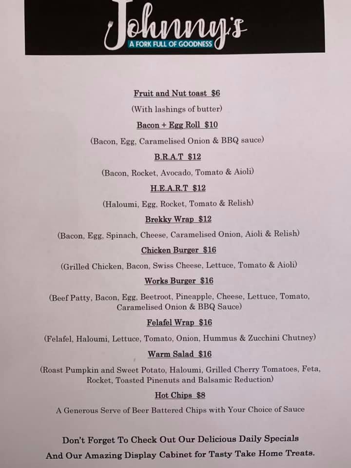 Menu at Johnny's Evans Head cafe, Evans Head