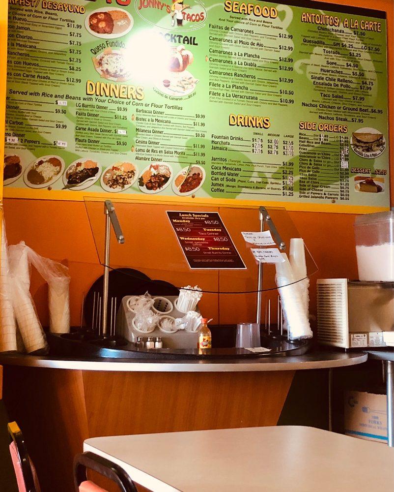 Menu at Jonny's Tacos restaurant, Bolingbrook