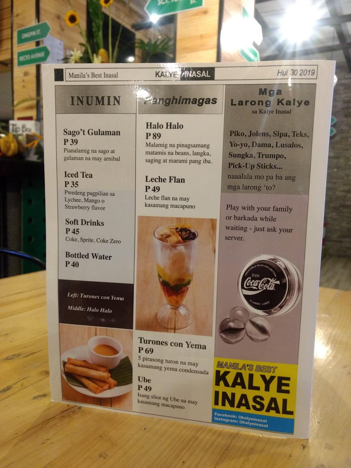 Menu at Kalye Inasal restaurant, Quezon City