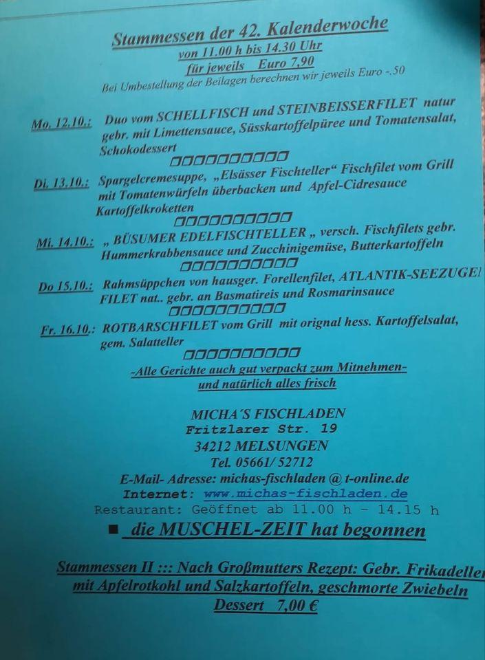 Menu at Micha's Fischladen restaurant, Melsungen
