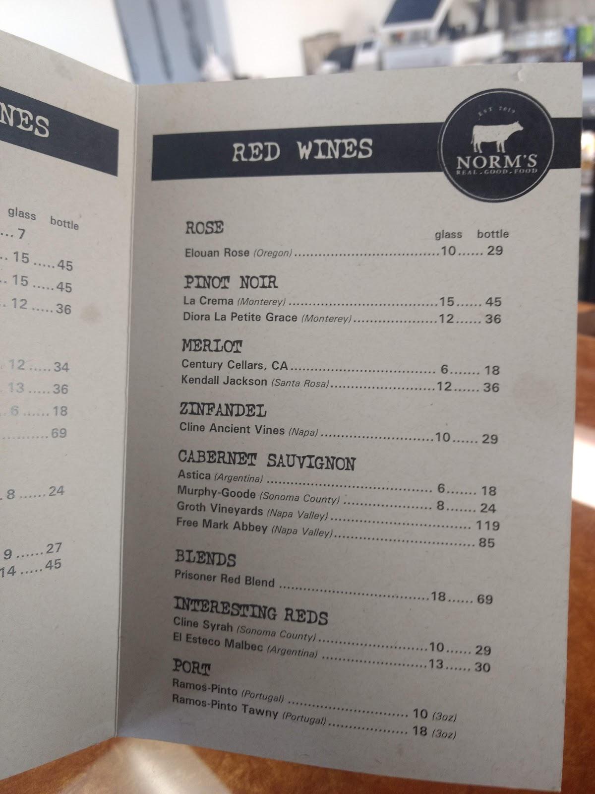 Menu at Norm’s restaurant, Palo Cedro