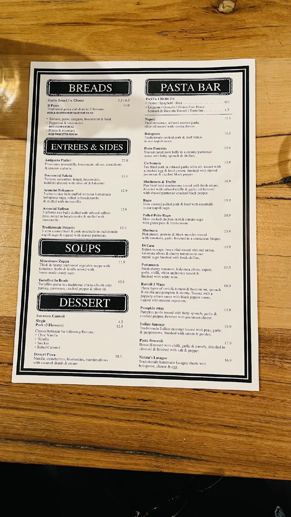 Carta del restaurante Pasta Mafia, Unley