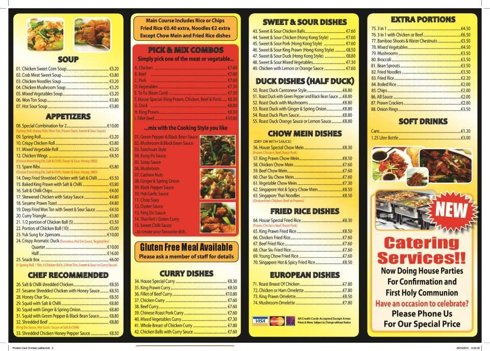 Menu at Phoenix Court restaurant, Dublin
