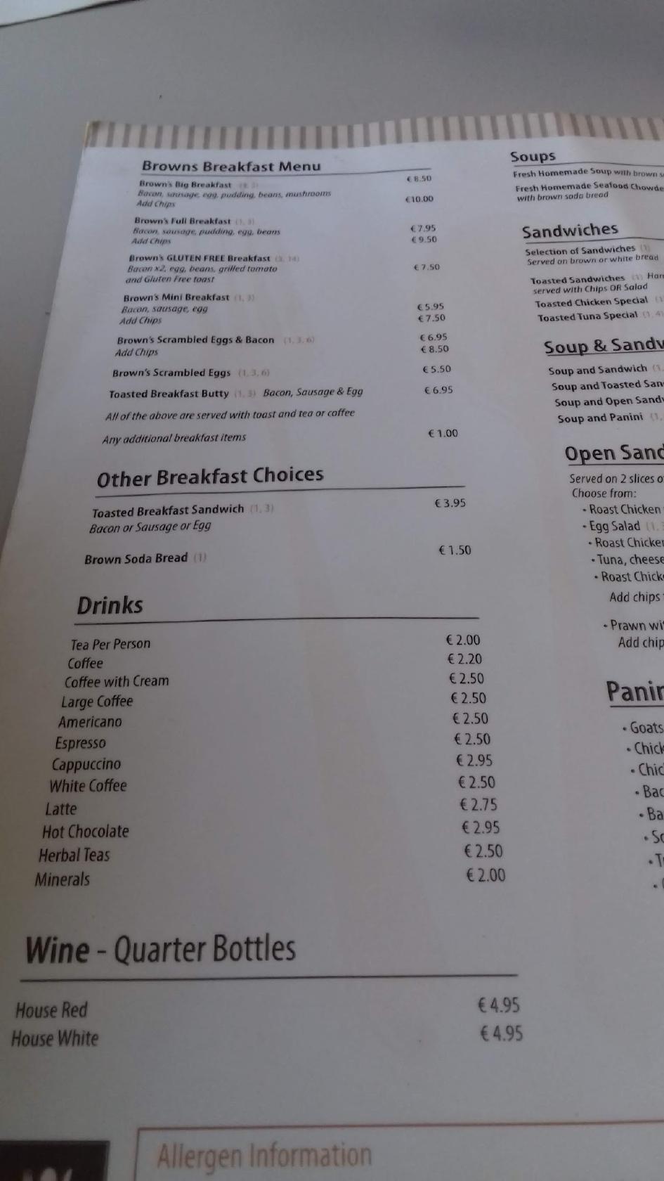 Menu at Thomas Browns Restaurant, Kanturk