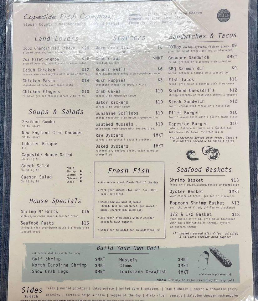 Menu at Capeside Fish Company restaurant, Rainbow City, 726 W Grand Ave