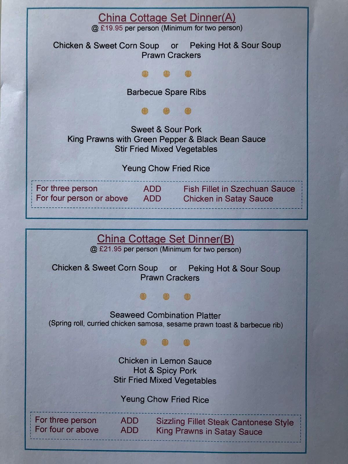 Menu at New China Cottage restaurant, Bury