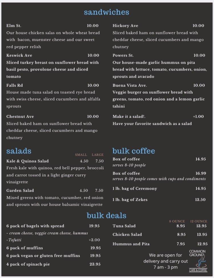 Menu at Common Ground Bakery Cafe, Baltimore