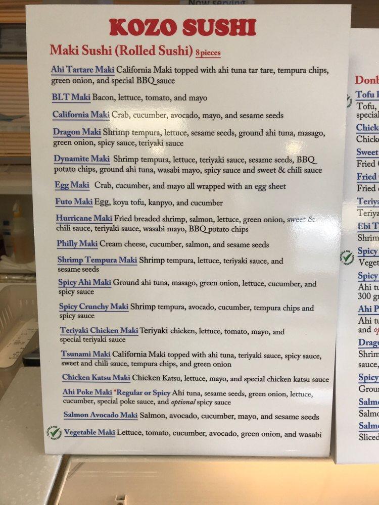 Menu at Kozo Sushi restaurant, Honolulu, S King St