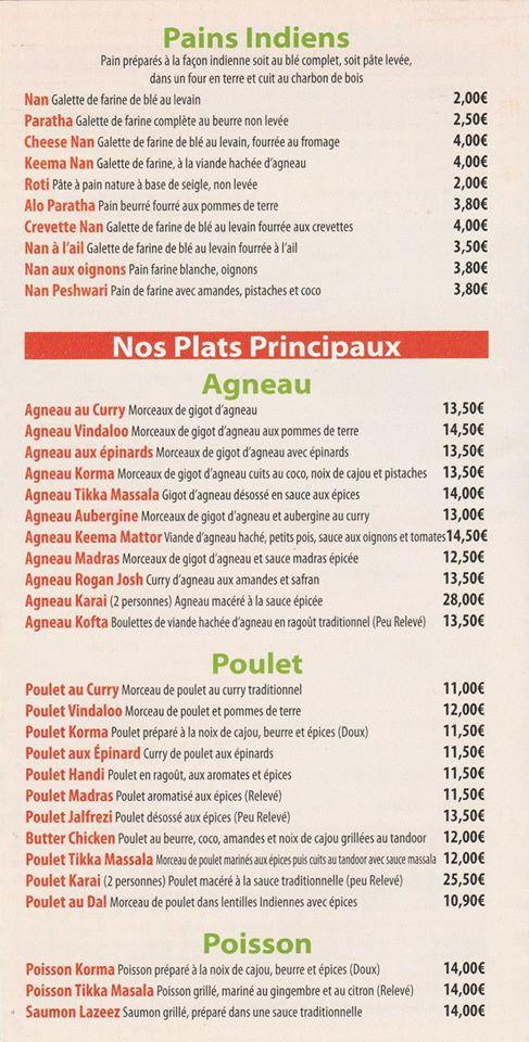 Menu at Royal Raj Mahal restaurant, Paris, 41 Rue Dauphine