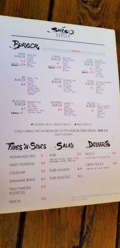 Menu at Shiso Burger restaurant, Berlin, Auguststraße 29C