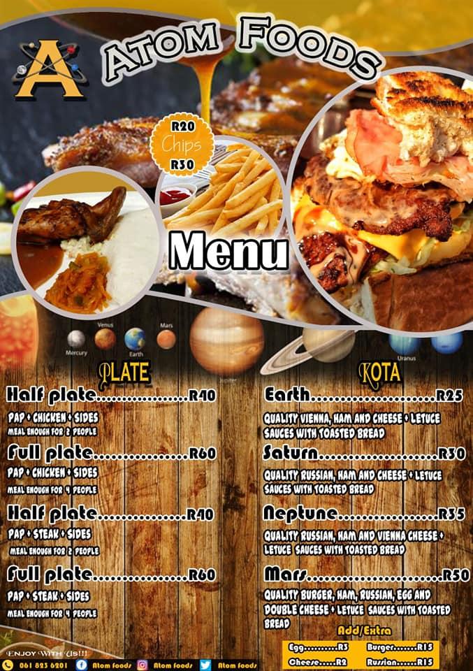 Menu at Atom Foods restaurant, Tembisa, Siziba Section
