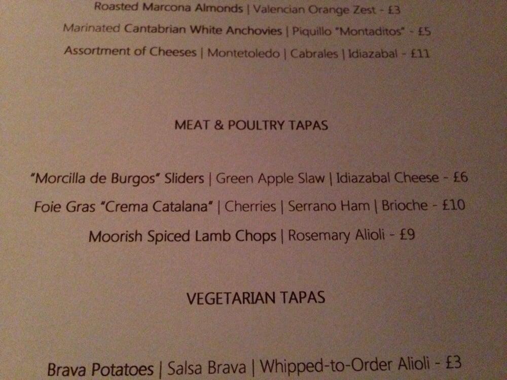 Menu at Bravas Tapas restaurant, London