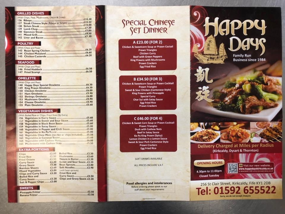 Menu at Happy Days Carryout restaurant, Kirkcaldy