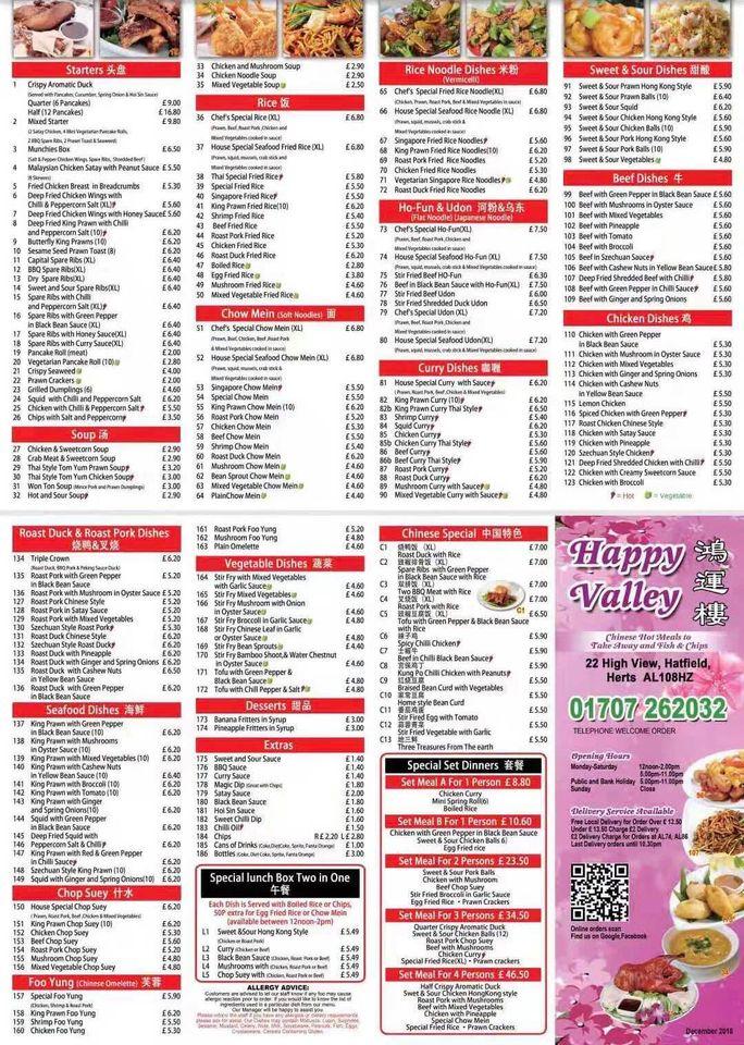 Menu at Happy Valley Chinese Takeaway fast food, Hatfield