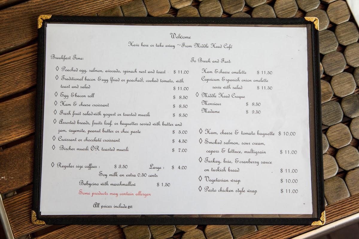 Menu at Middle Head Cafe, Mosman, Middle Head Rd