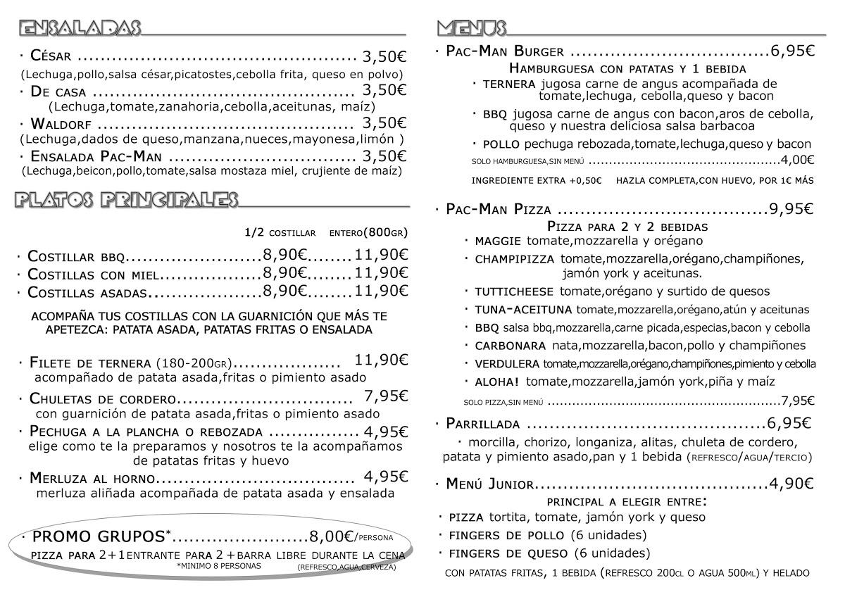 Menu at Pac Man pizzeria, Valencia