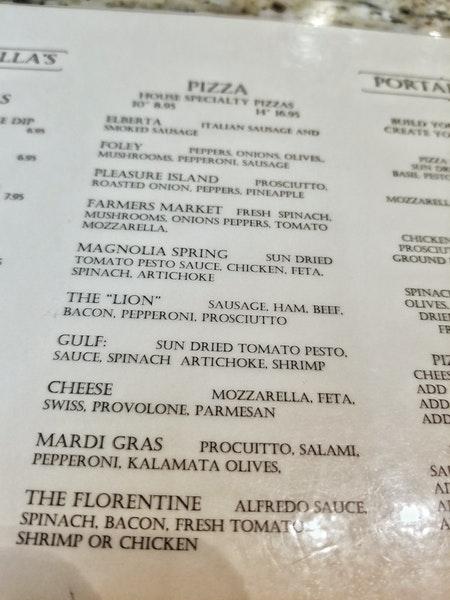 Menu at Portabella's pizzeria, Foley