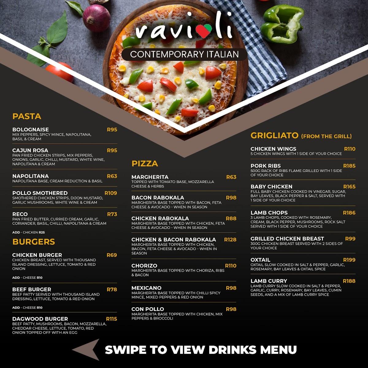 Menu at Ravioli restaurant, Johannesburg, 289 Fox St