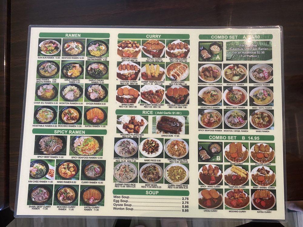 Menu at Sun Sun Ramen and Curry restaurant, Honolulu