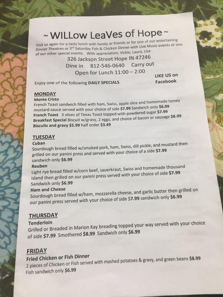 Menu at WILLow LeaVes of Hope restaurant, Hope