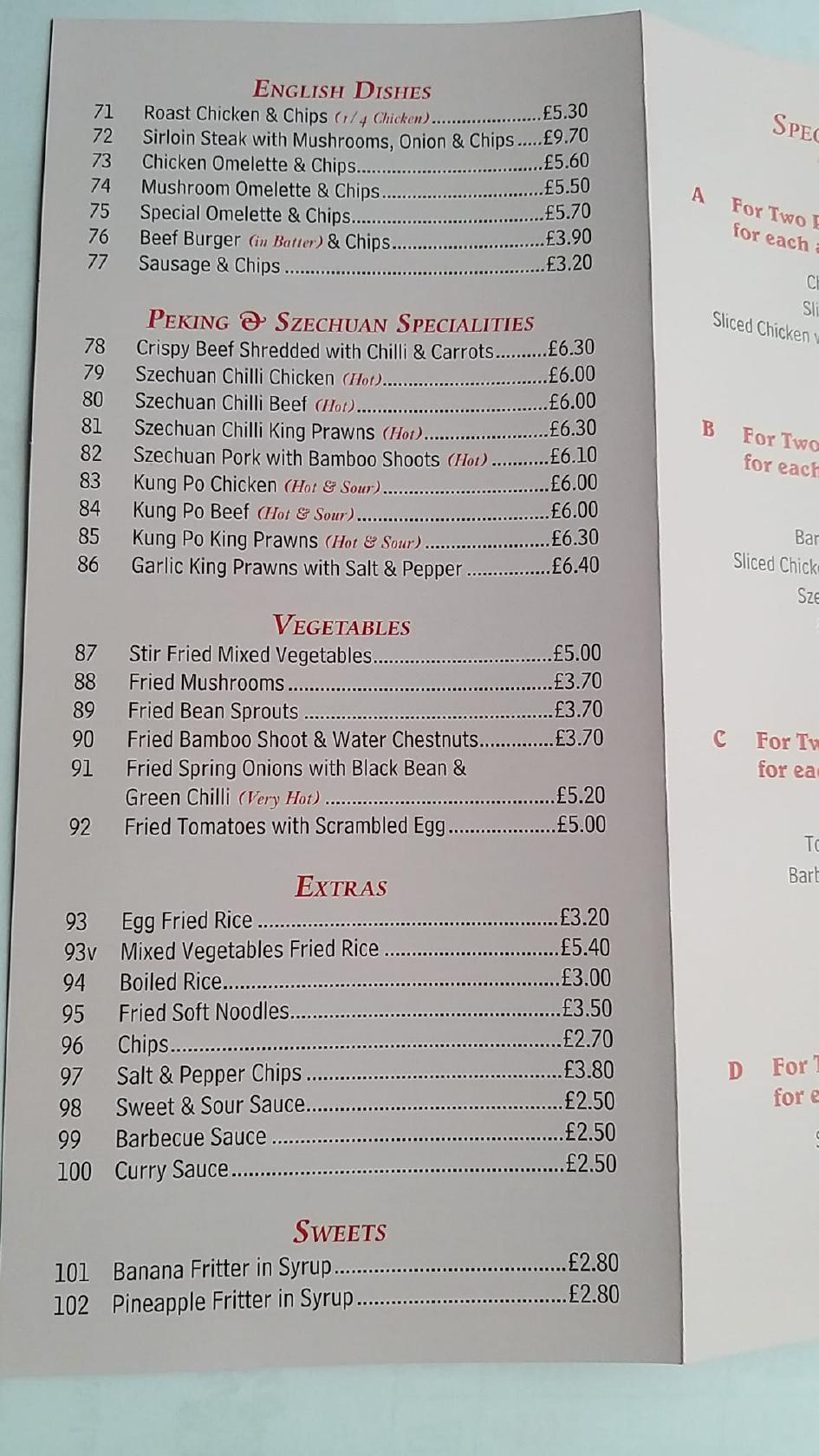 Menu at Jade House fast food, Perranporth