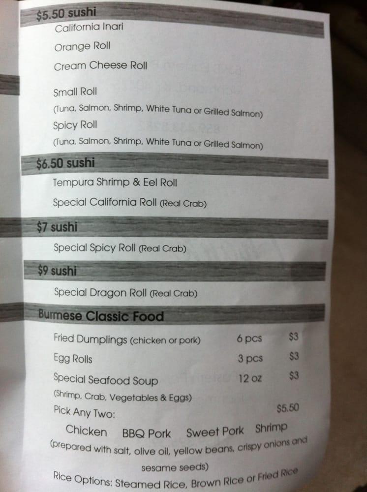 Menu at Khin's Sushi restaurant, Richmond
