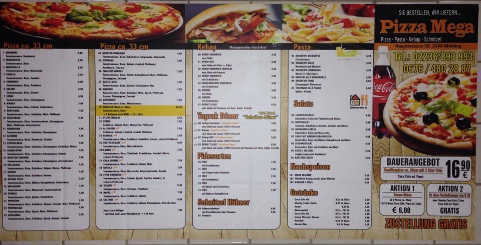 Menu at Pizza Mega, Mödling