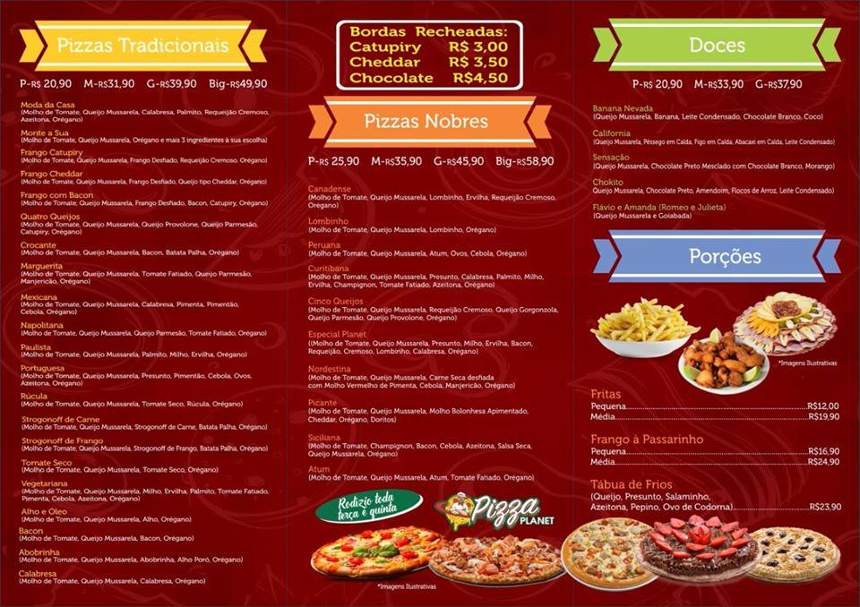 Menu at Pizza Planet restaurant, Brazil, Av sinfronio Martins número 23