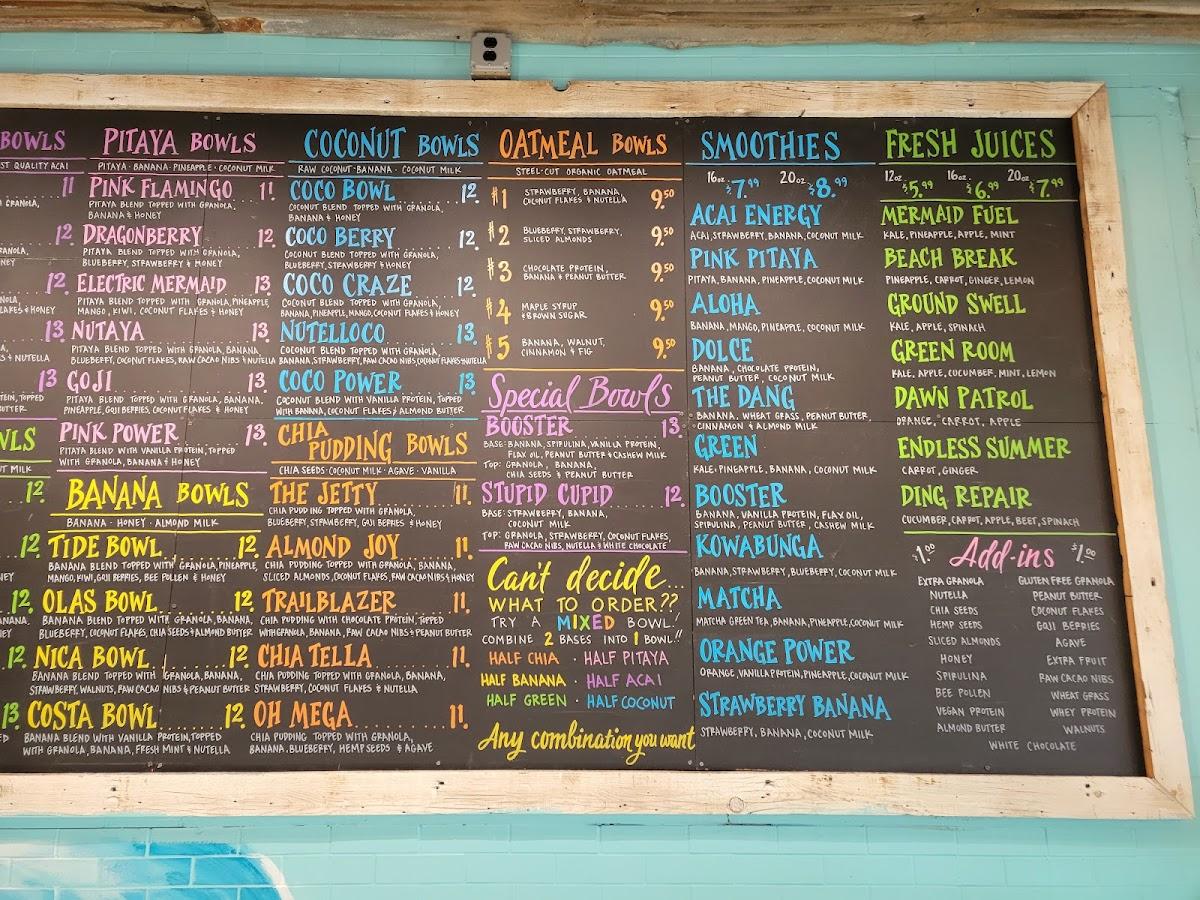 Menu at Playa Bowls restaurant, North Wales