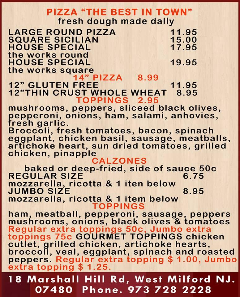 Menu at TJ's Pizza Cafe, West Milford