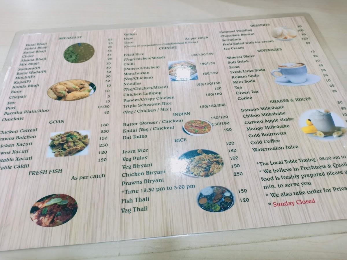 Menu at The Local Table, Candolim