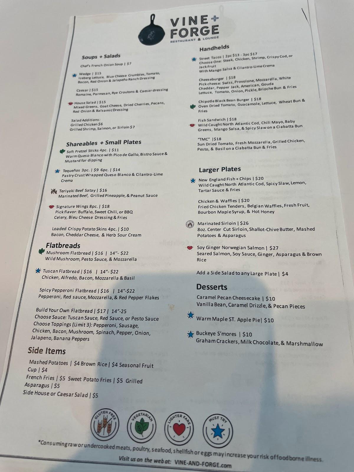 Menu at Vine + Forge pub & bar, Columbus