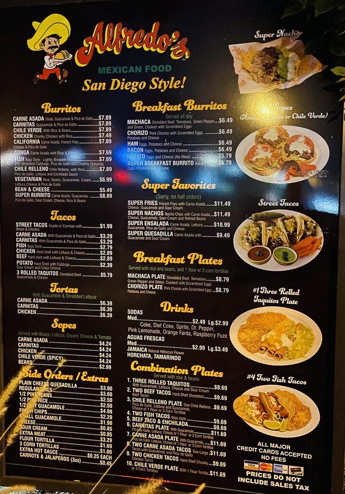 Menu at Alfredo's Mexican Food restaurant, Bell Gardens, Eastern Ave