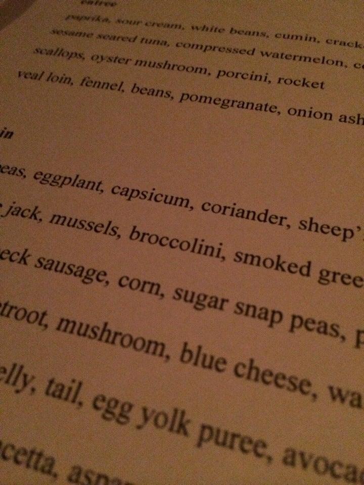 Menu at Balthazar restaurant, Perth