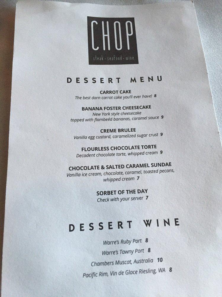 Menu at CHOP steakhouse, Sister Bay