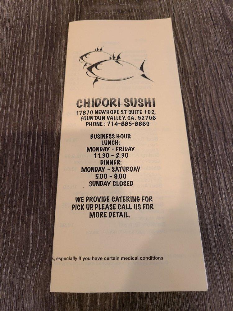 Menu at Chidori Sushi restaurant, Fountain Valley