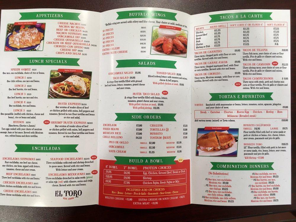 Menu at El Toro Take Out restaurant, Wilmington, 624 N Union St